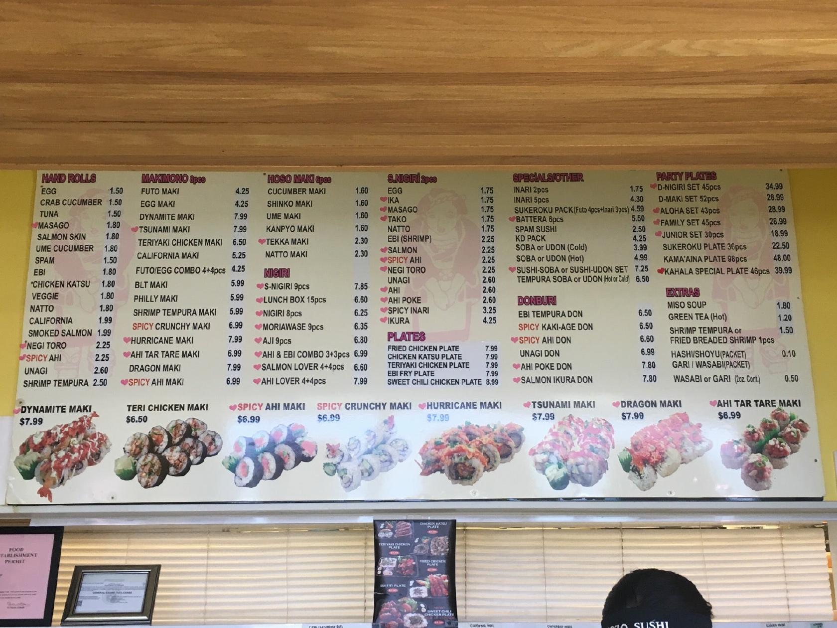 Menu at Kozo Sushi restaurant, Honolulu, S King St