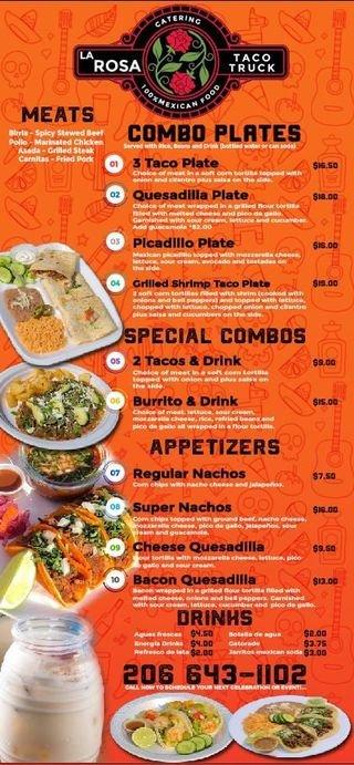 Menu at La Rosa Taco Truck, Kent