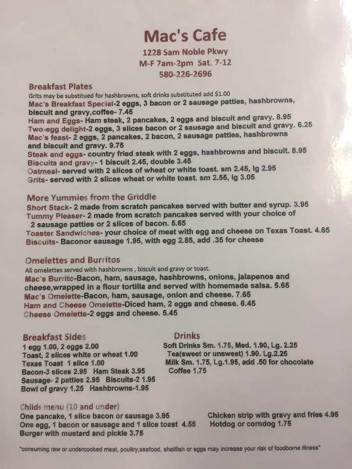 Menu at Mac's Cafe, Ardmore