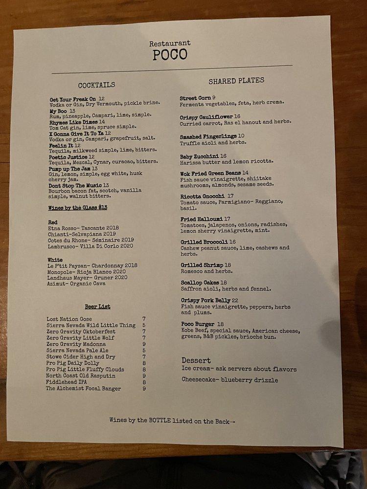 Menu at Restaurant Poco, Burlington