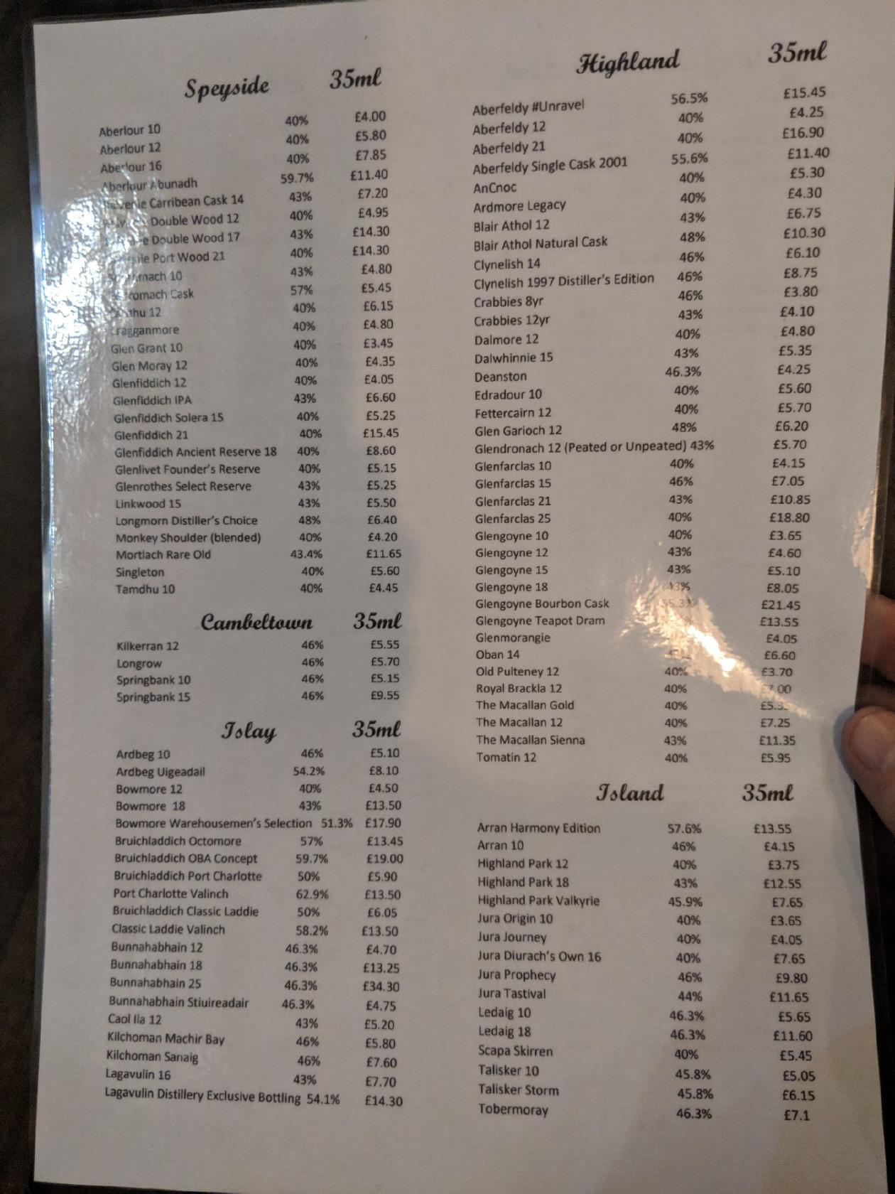 Menu at Sandy Bell's pub & bar, Edinburgh