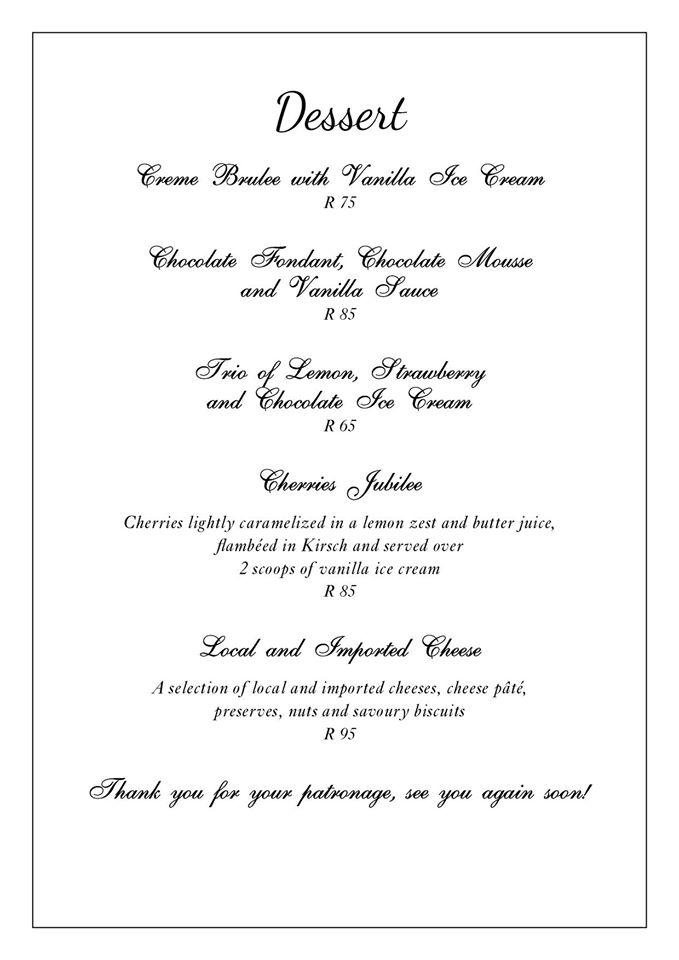 Menu at The Grill Room restaurant, East London