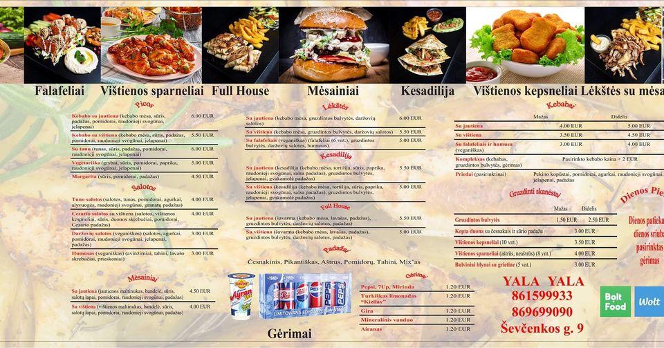 Menu at Yala Yala Bistro restaurant, Vilnius, T. Ševčenkos g. 9