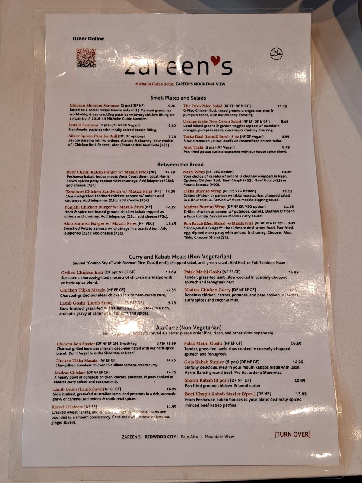 Menu at Zareen's Restaurant & Catering, Redwood City
