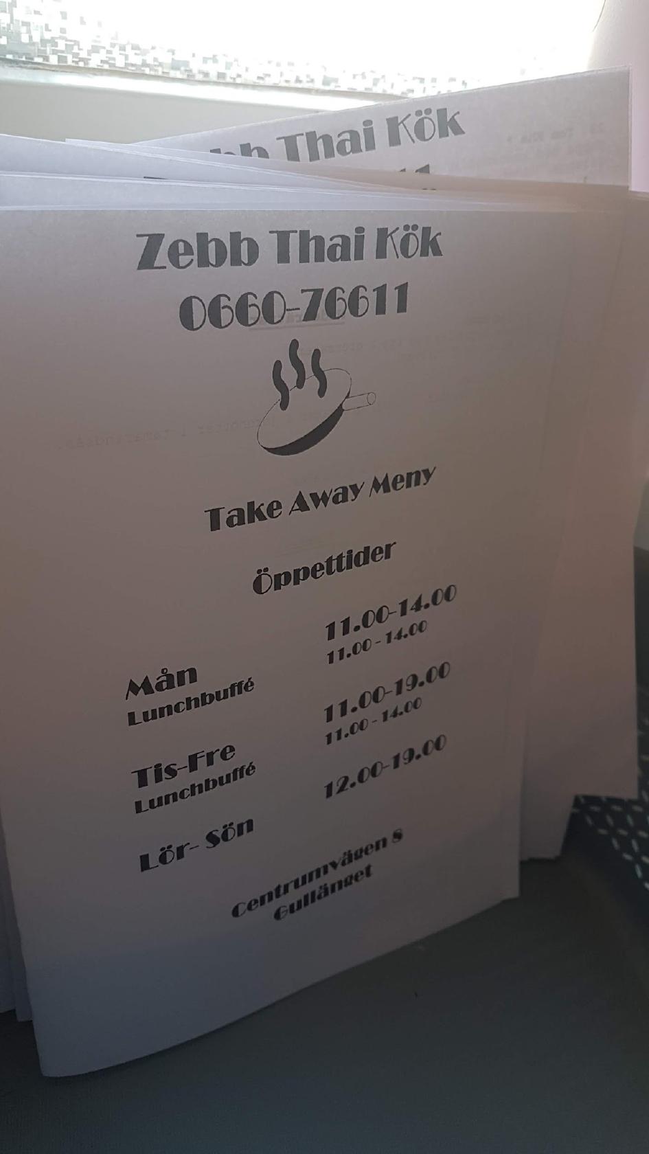 Menu at Zebb Thai Kök restaurant, Örnsköldsvik