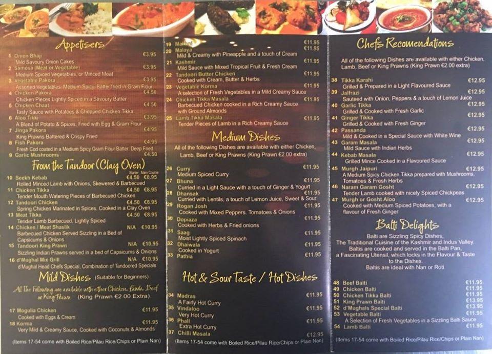 Menu at D'mughal's Indian Restaurant, Mallow