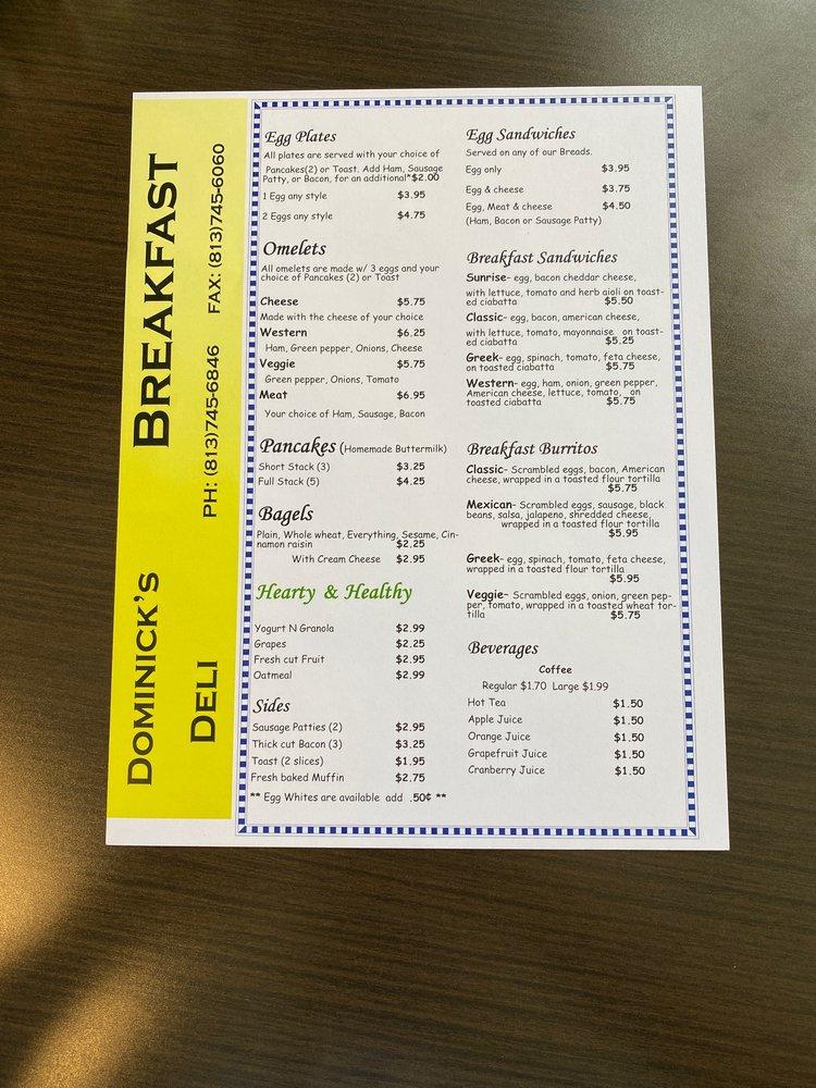 Menu at Dominick's Deli, Tampa, USF Magnolia Drive