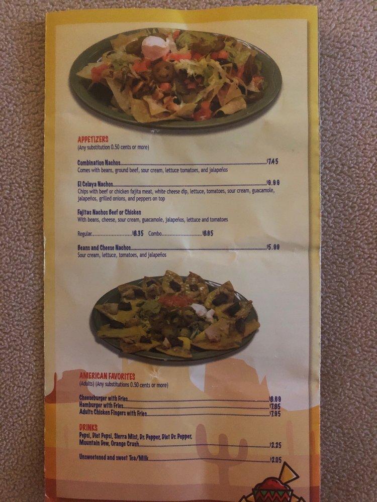 Menu at El Celaya restaurant, Roland, 100 W Ray Fine Blvd