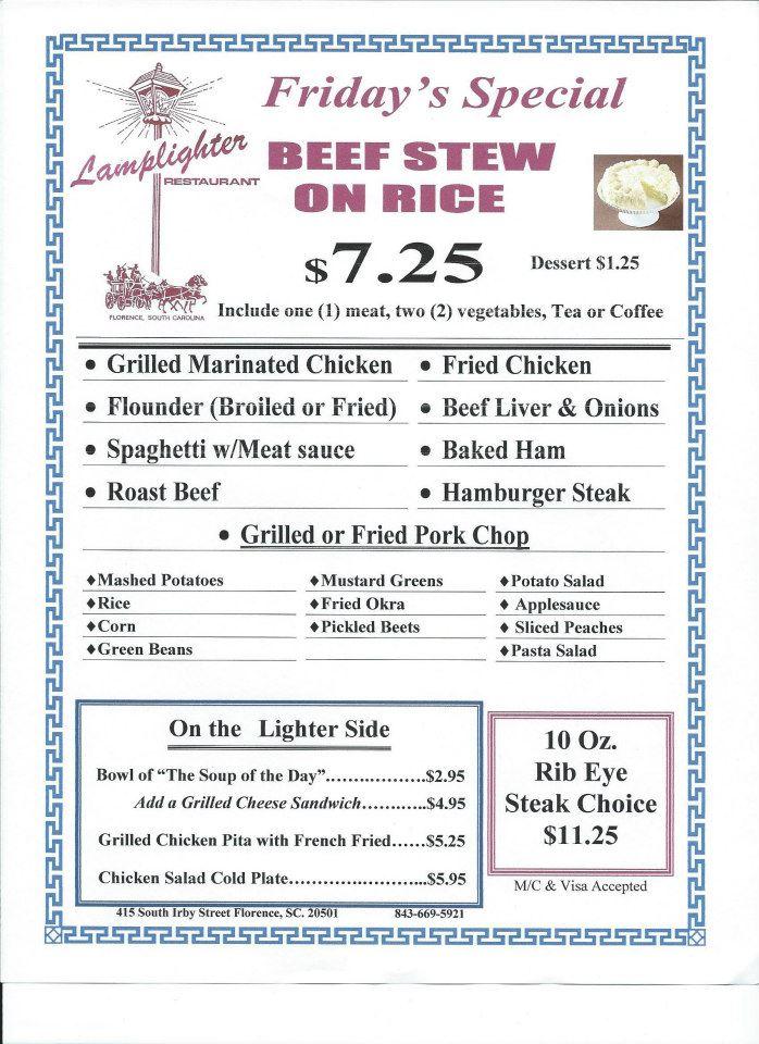 Menu at Chris's Diner restaurant, Florence
