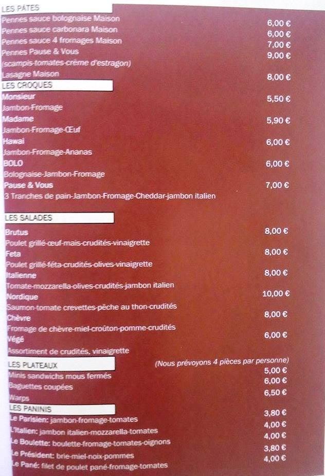 Menu au Le pause et vous, Braine-le-Château