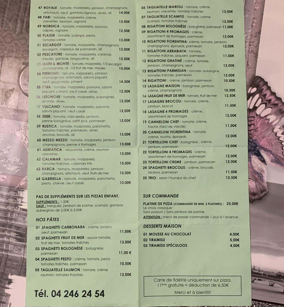 Menu au Piazzetta Italia, Sprimont, Rue du Vieux Bac 10