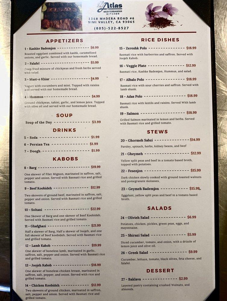 Menu at Atlas Mediterranean Kitchen restaurant, Simi Valley
