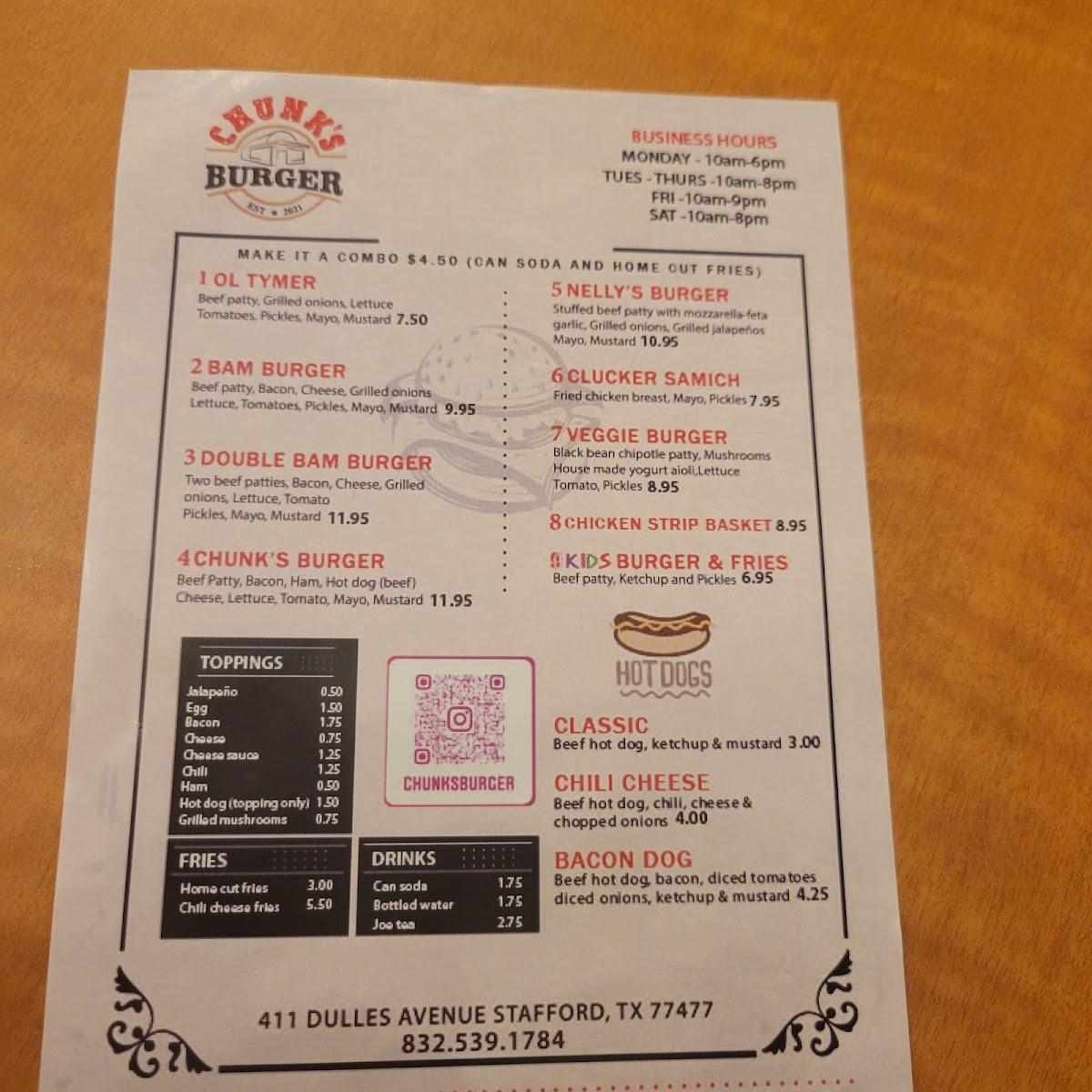 Menu at Chunk's Burger restaurant, Stafford