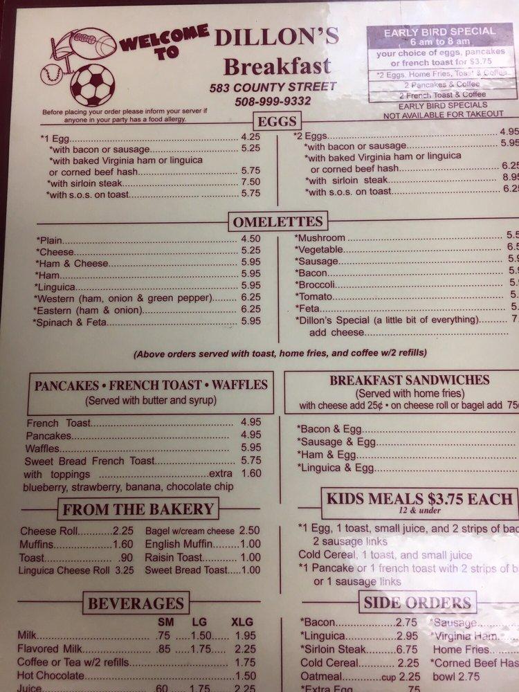 Menu at Dillon's Restaurant, New Bedford