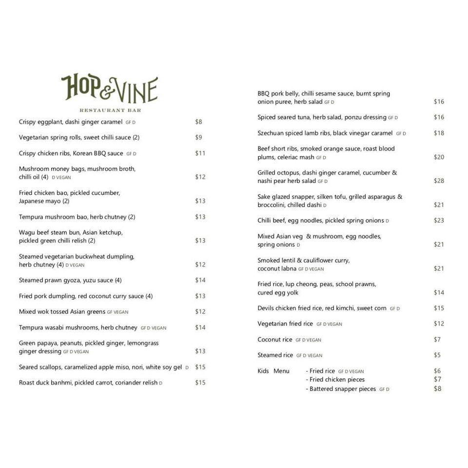 Menu at Hop & Vine Restaurant Bar, Noosa Heads