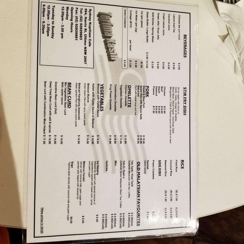 Menu at Kopitiam Cafe, Ultimo