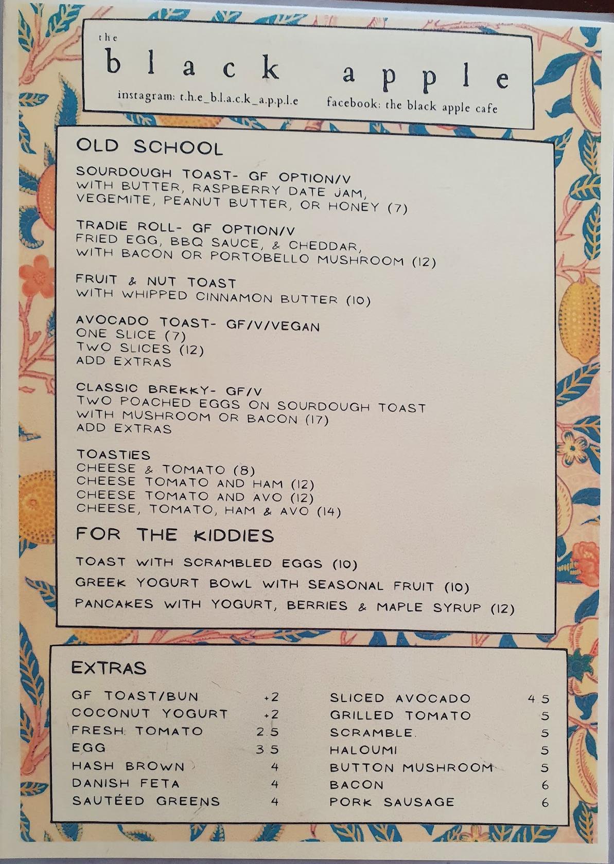 Menu at The Black Apple cafe, Moonee Beach