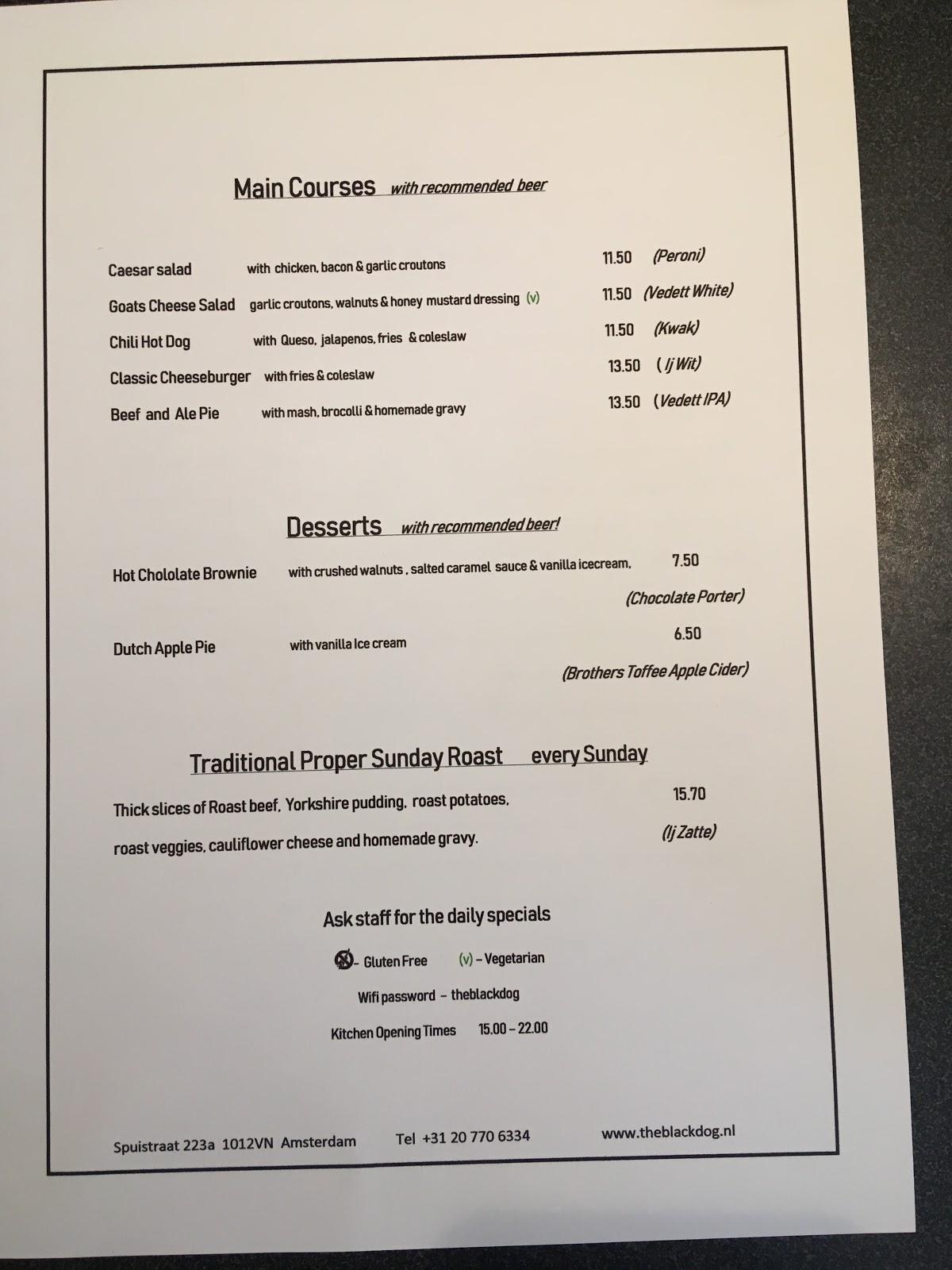 Menu at The Black Dog, Amsterdam