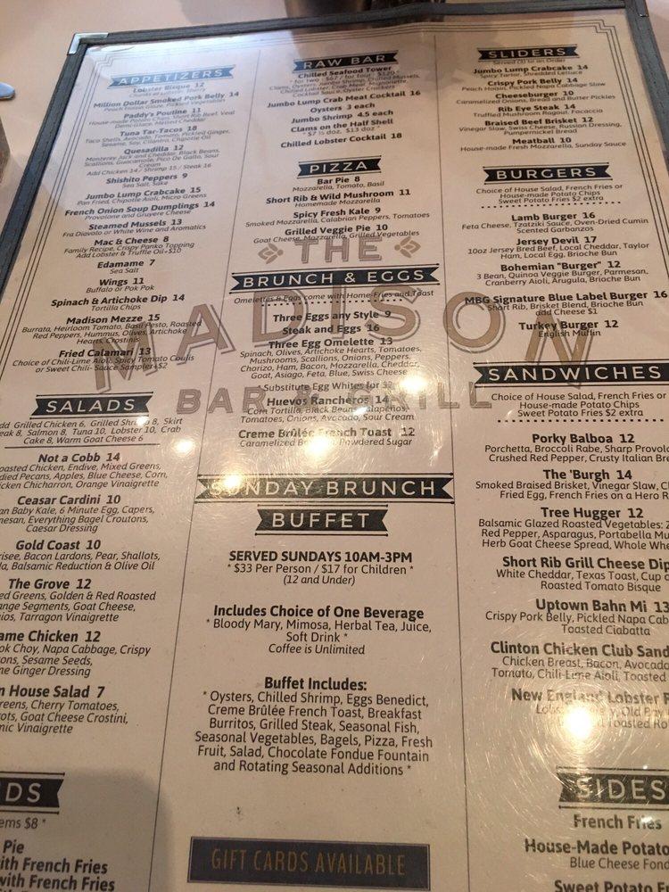 Menu at The Madison Bar & Grill, Hoboken