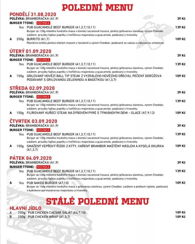 Menu at The PUB Plzeň, Pilsen, Pražská 1