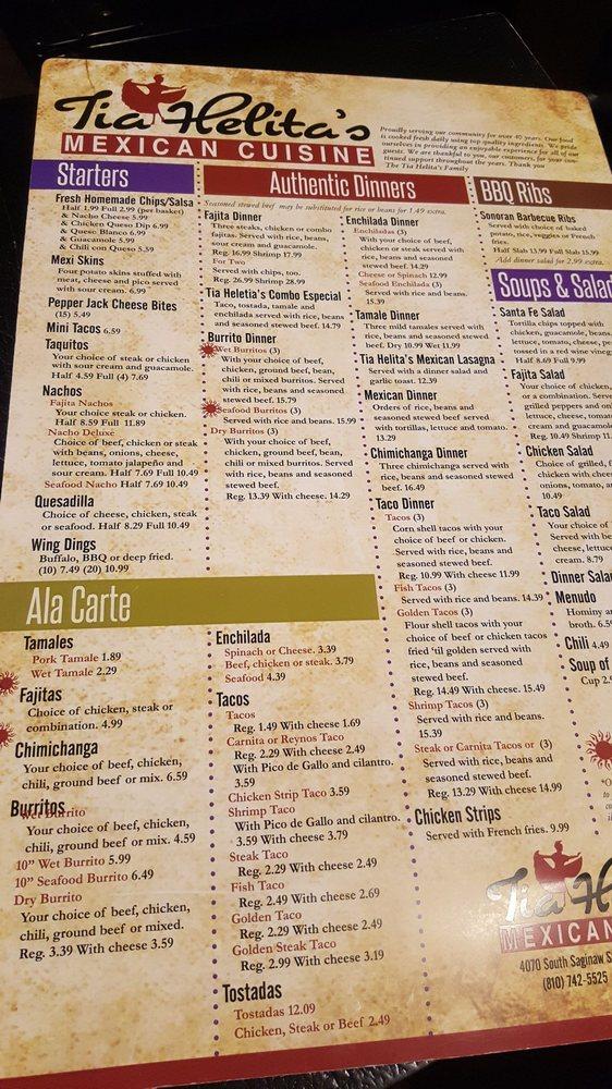 Menu at Tia Helita's Mexican Cuisine restaurant, Burton