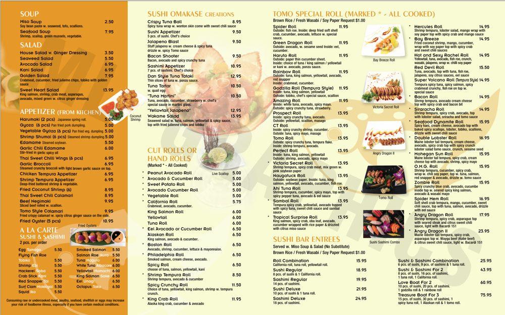 Menu at Tomo 68 restaurant, Naugatuck