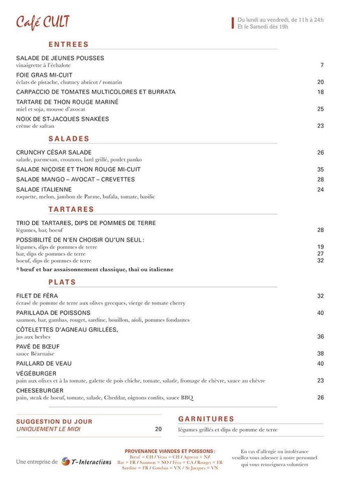 Menu at Café Cult, Geneva