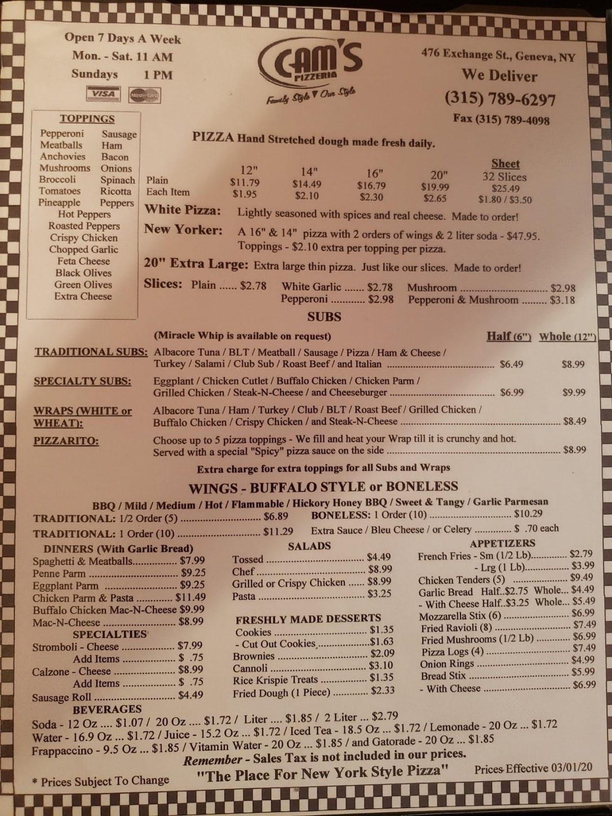 Menu at Cam's Pizzeria, Geneva