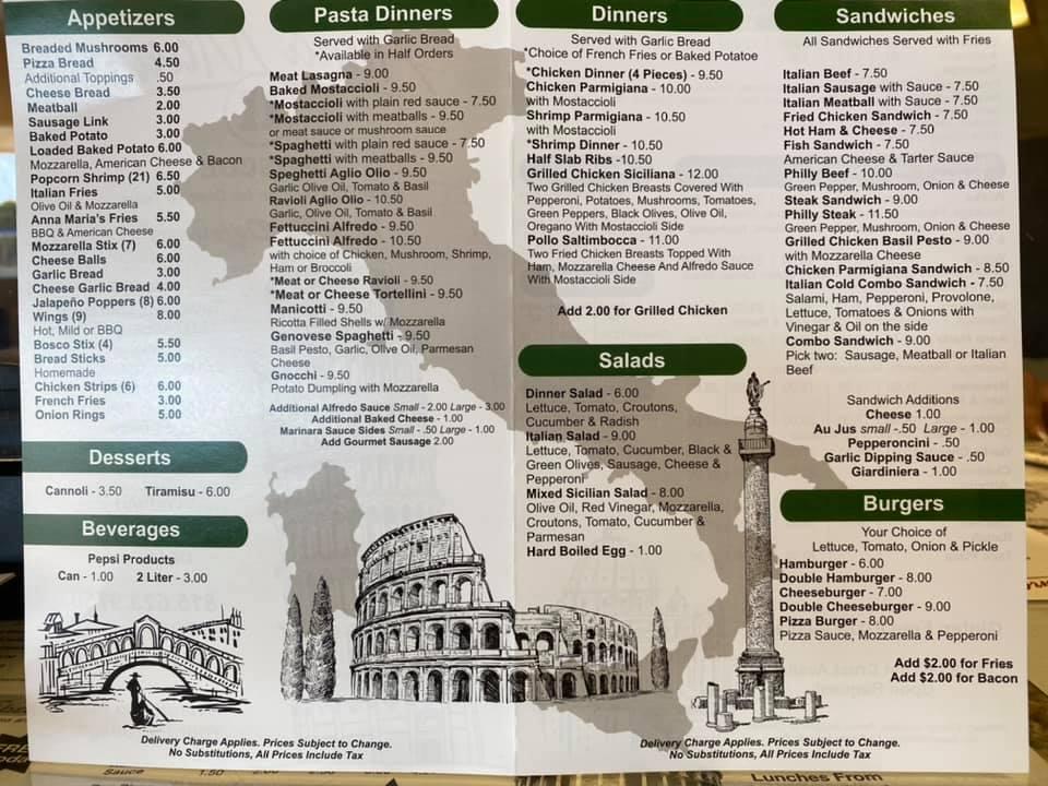 Menu at Anna Maria's II In Roscoe pizzeria, Roscoe