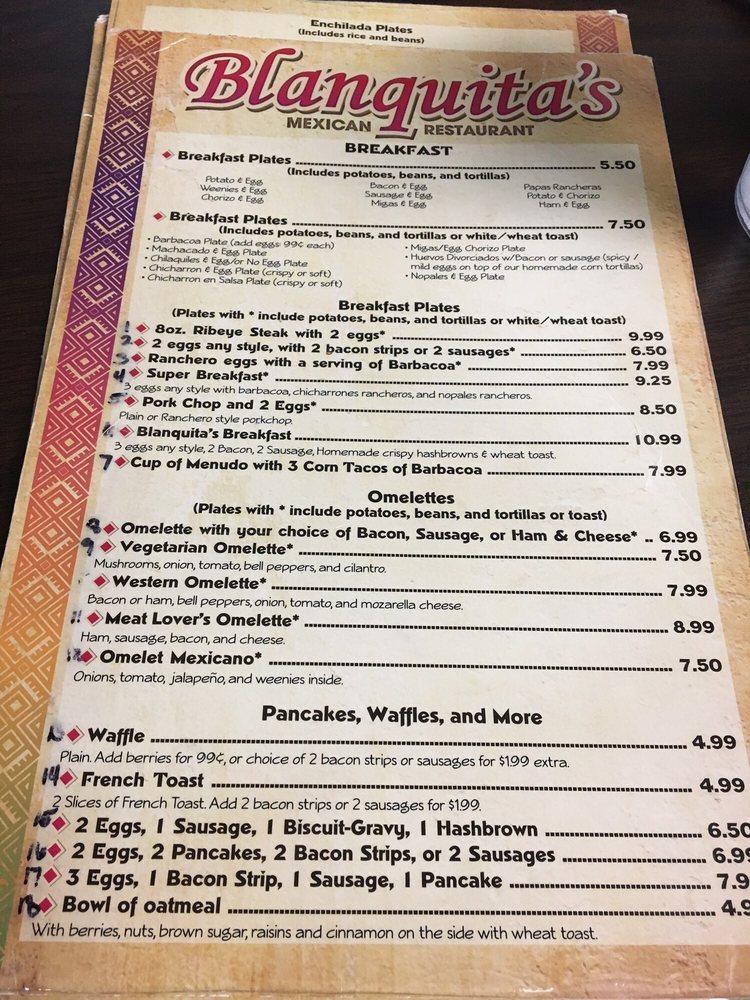 Menu at Blanquita’s restaurant, Harlingen, E Harrison Ave
