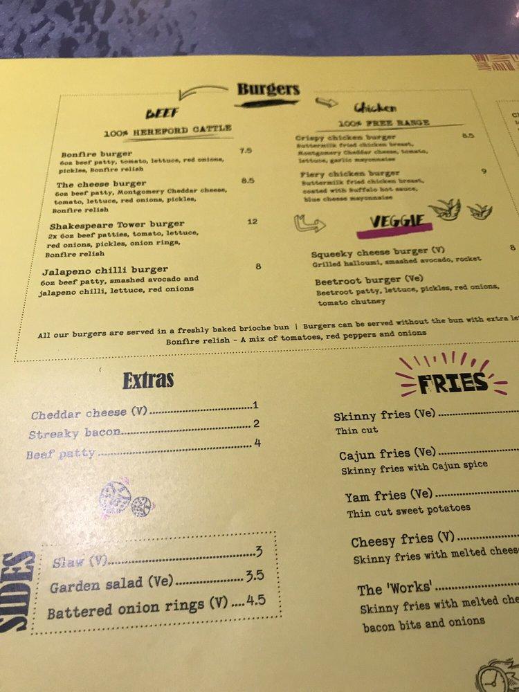 Menu at Bonfire restaurant, London, Barbican Centre