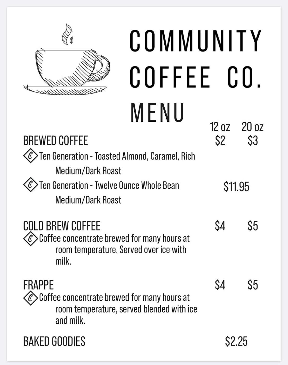 Menu at Community Coffee Co. cafe, North Branch