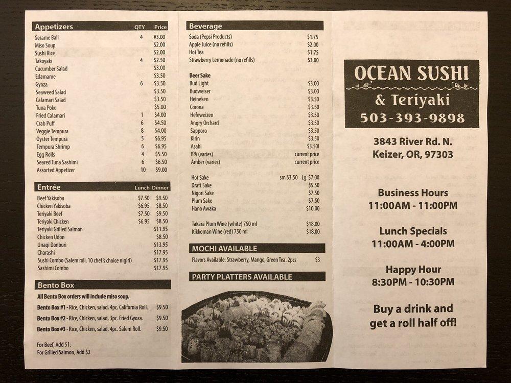 Menu at Ocean Sushi & Teriyaki restaurant, Keizer