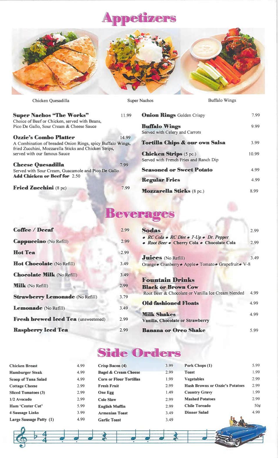 Menu at Ozzie's Diner pub & bar, Commerce