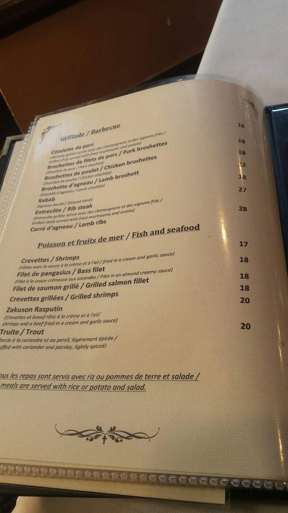 Menu at Rasputin restaurant, Montreal