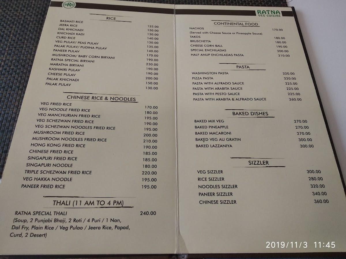 Menu at Ratna Veg Cuisine, Pune, Kakade Plaza