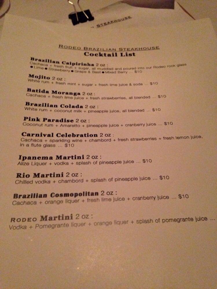 Menu at Rodeo Brazilian Steakhouse Rodizio, Toronto