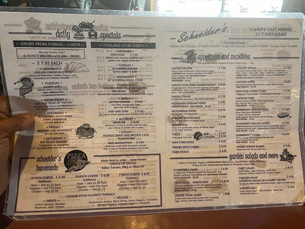 Menu at Schneider's Pub, Indianapolis