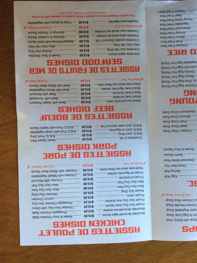 Menu au Tai Hong Chinese Food restaurant, Gatineau