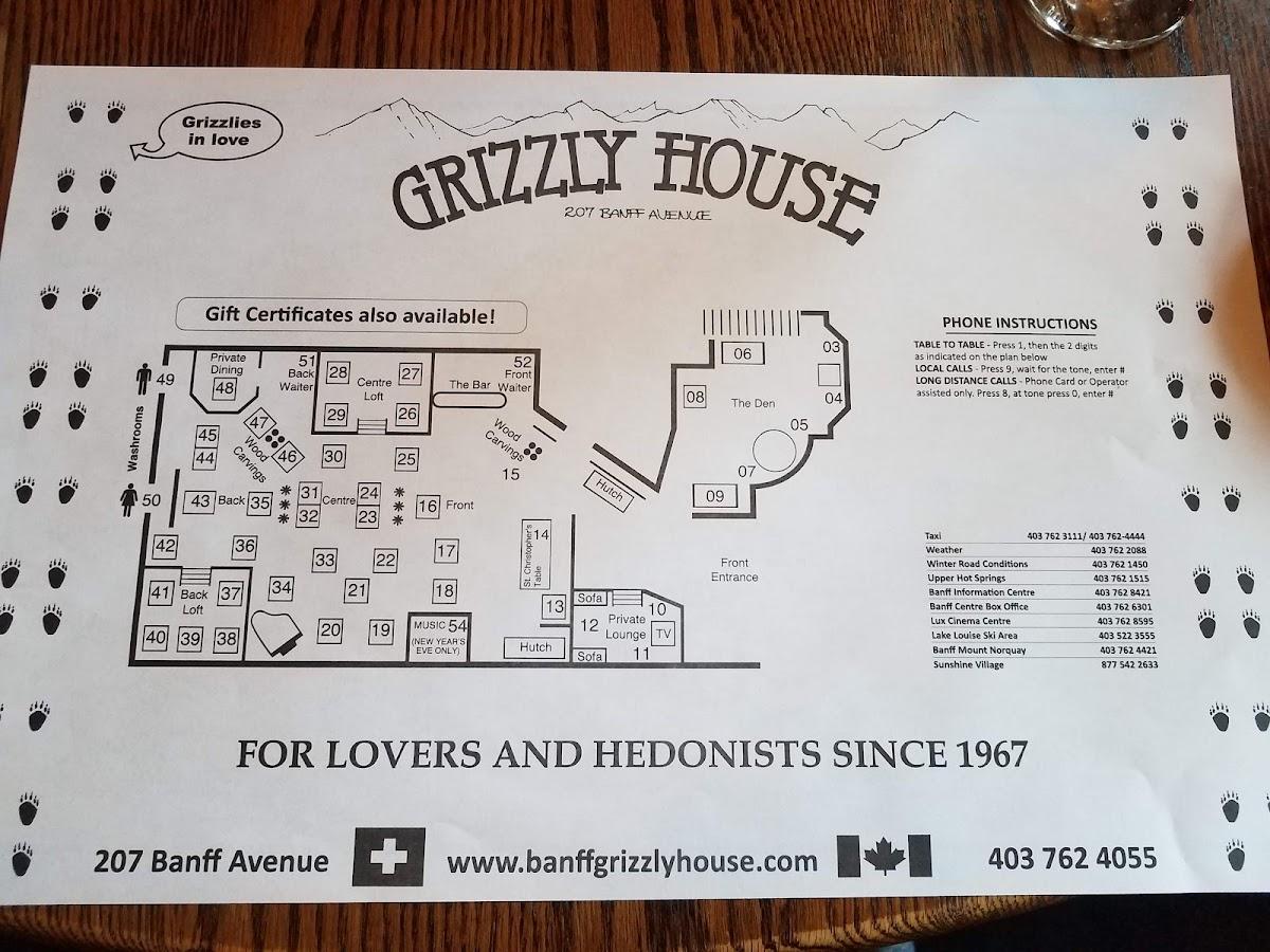 Menu at The Grizzly House restaurant, Banff