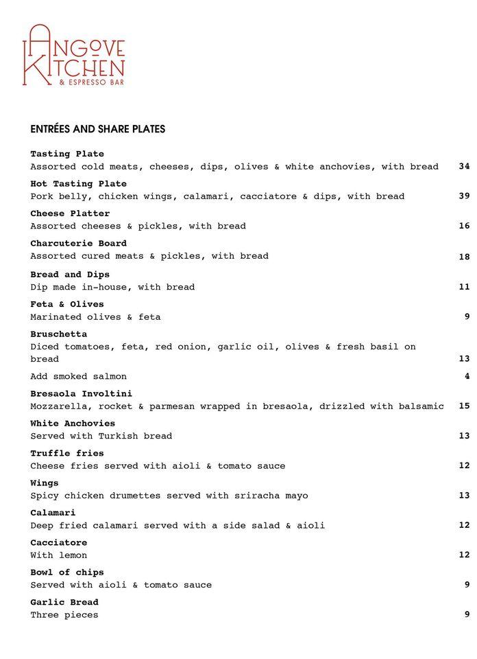Menu at Angove Kitchen and Espresso Bar, North Perth