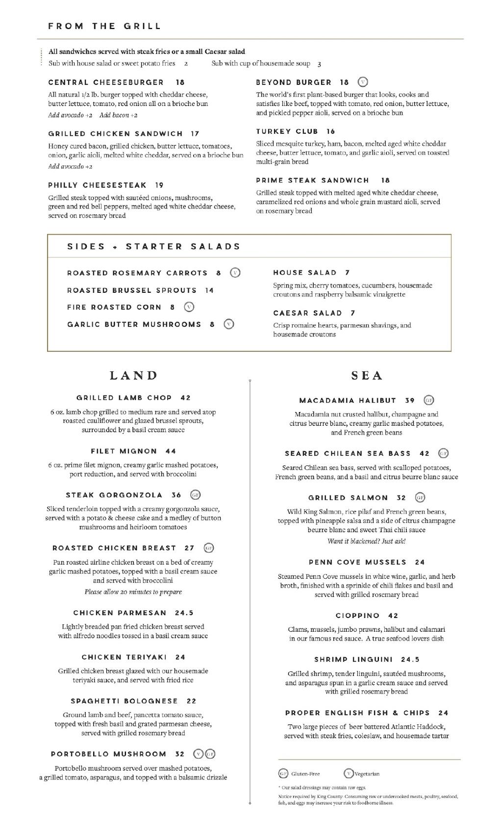 Menu at Central Bar + Restaurant, Bellevue