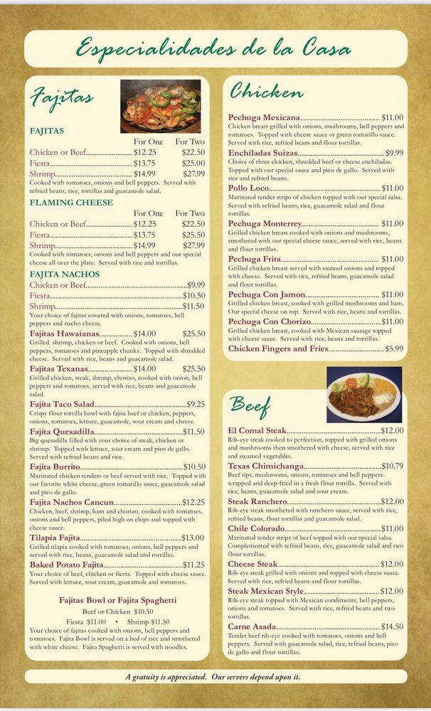 Menu at El Comal Mexican Restaurant, Bessemer