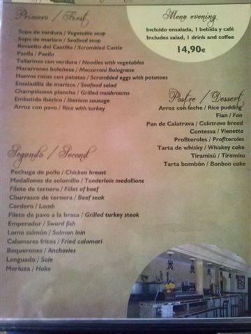 Menu at El Castillo restaurant, Arboleas