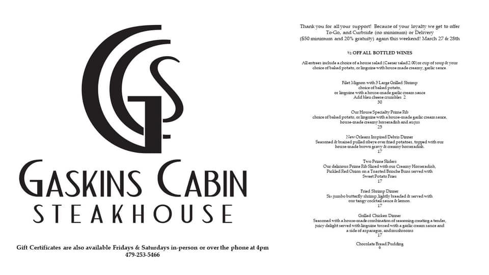 Menu at Gaskins Cabin Steakhouse, Eureka Springs