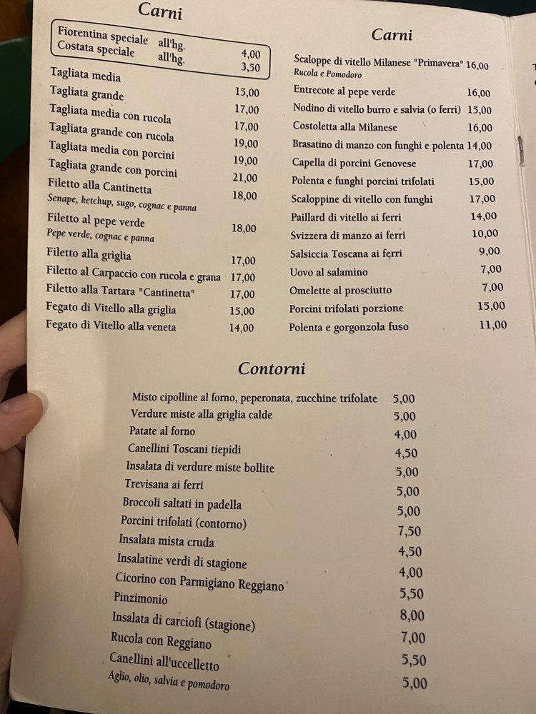 Menu at La Cantinetta restaurant, Milan, Via Giuseppe Ripamonti