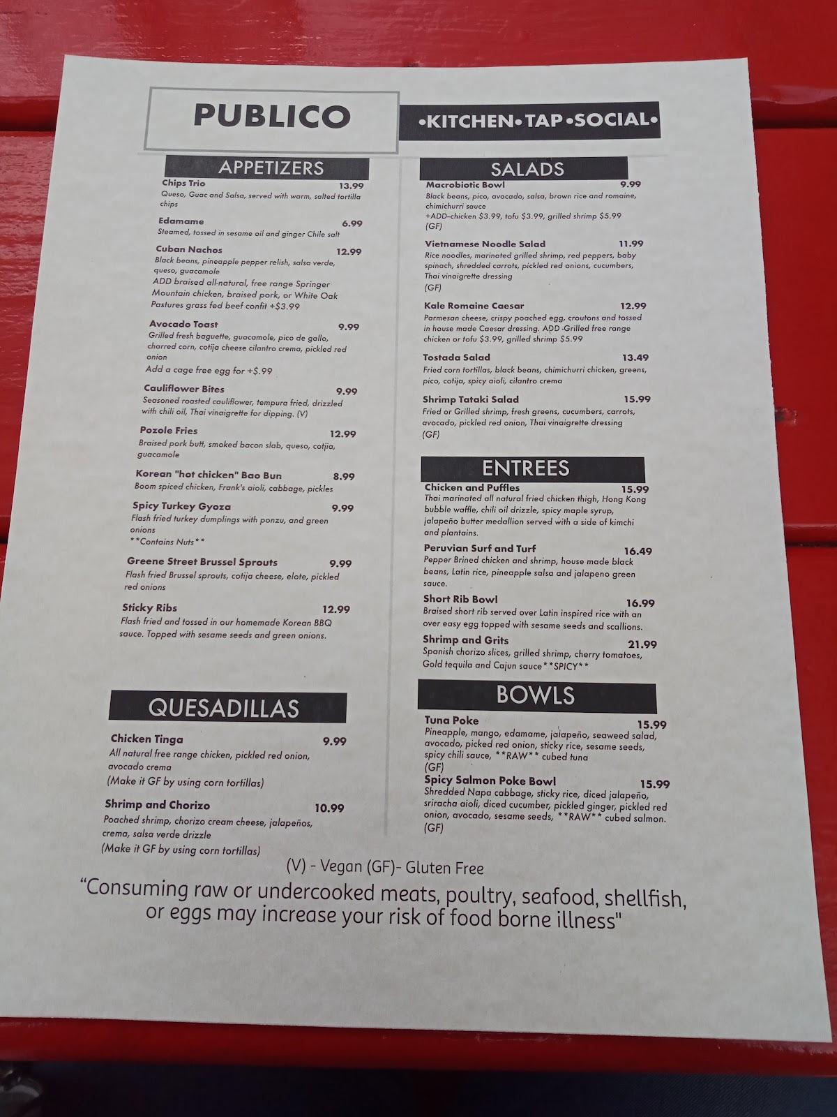 Menu at Publico, Columbia