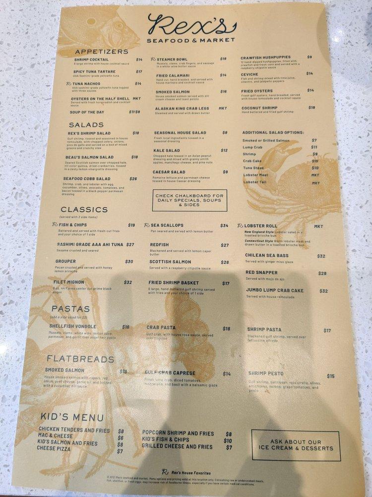 Menu at Rex's Seafood and Market restaurant, Dallas, W Northwest Hwy