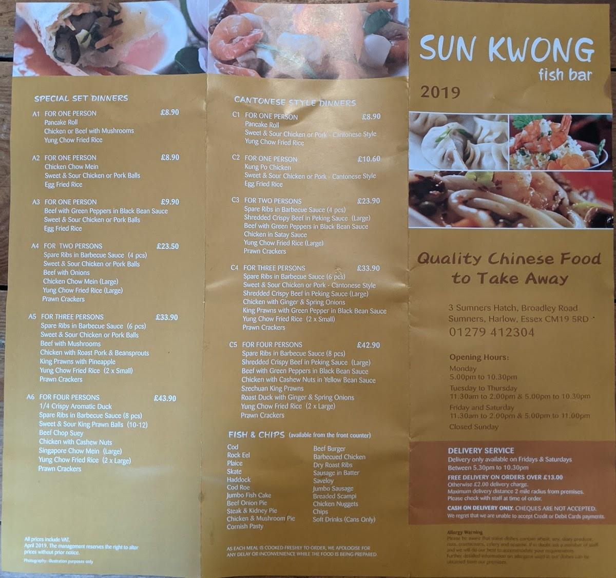 Menu at Sun Kwong Fish Bar & Chinese Takeaway, Harlow