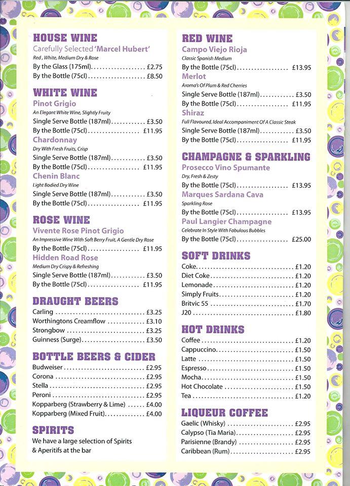 Menu at Beachcomber Steakhouse, Blackpool